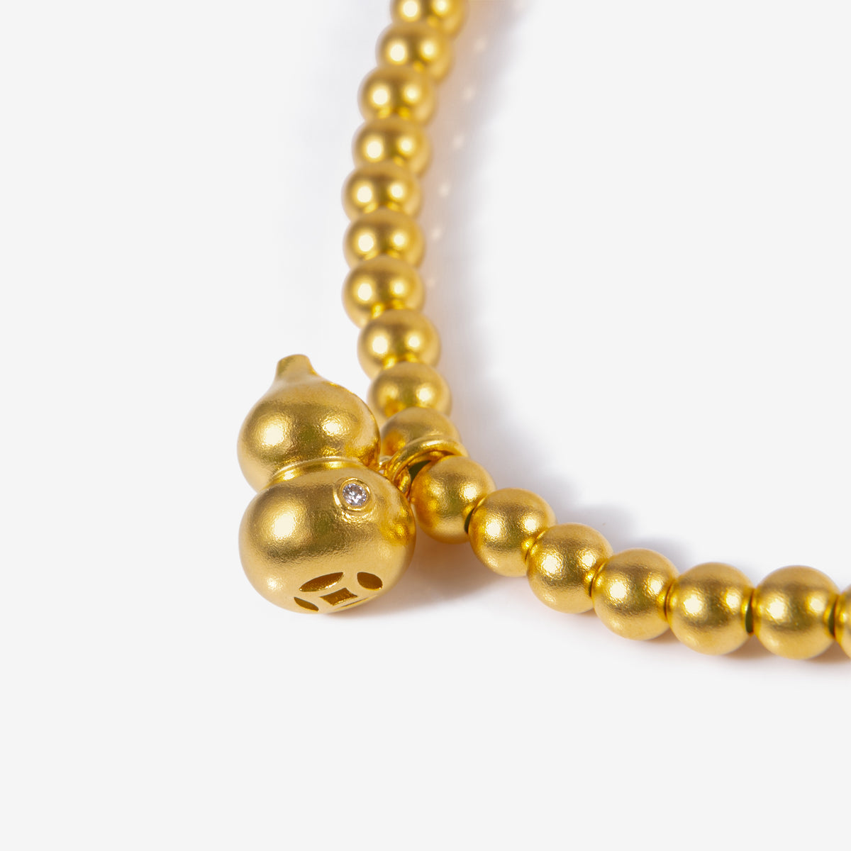 24K Gold Beaded Bracelet with Diamond Hulu Charm | 足金福禄珠串手链 | Lao Feng ...